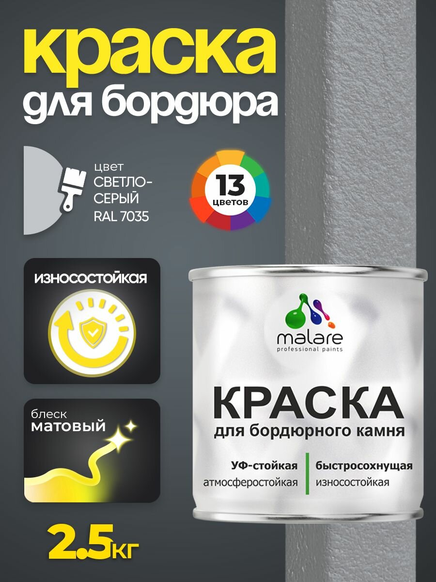 Краска Malare для бордюрного камня, тротуарных камней и плит, износостойкая, быстросохнущая, матовая RAL 7035, светло-серый, 2,5 кг