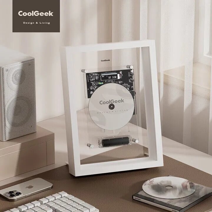 CoolGeek CD проигрывател/CD-плеер , Bluetooth 5.0, AUX, Hi-Fi звуком, оптическим выходом и деревянным корпусом с пультом дистанционного управления, Прозрачная Белый версия
