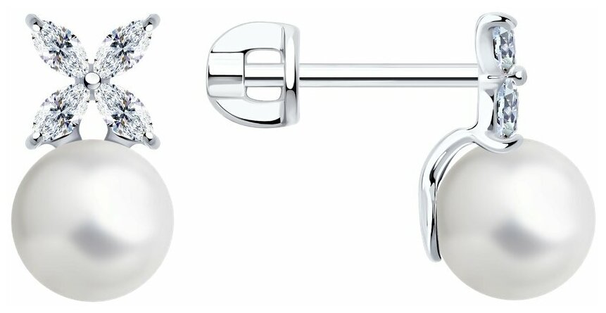 Серьги пусеты, серебро, 925 проба, родирование, жемчуг имитация, фианит