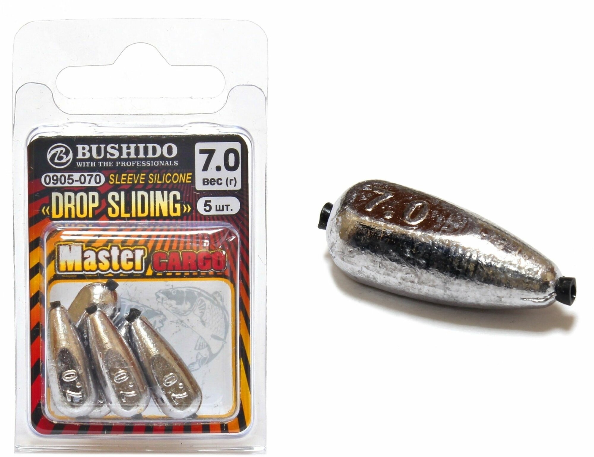 Груз для рыбалки BUSHIDO DROP SLIDING кембрик силикон 7,0гр (уп.5шт)