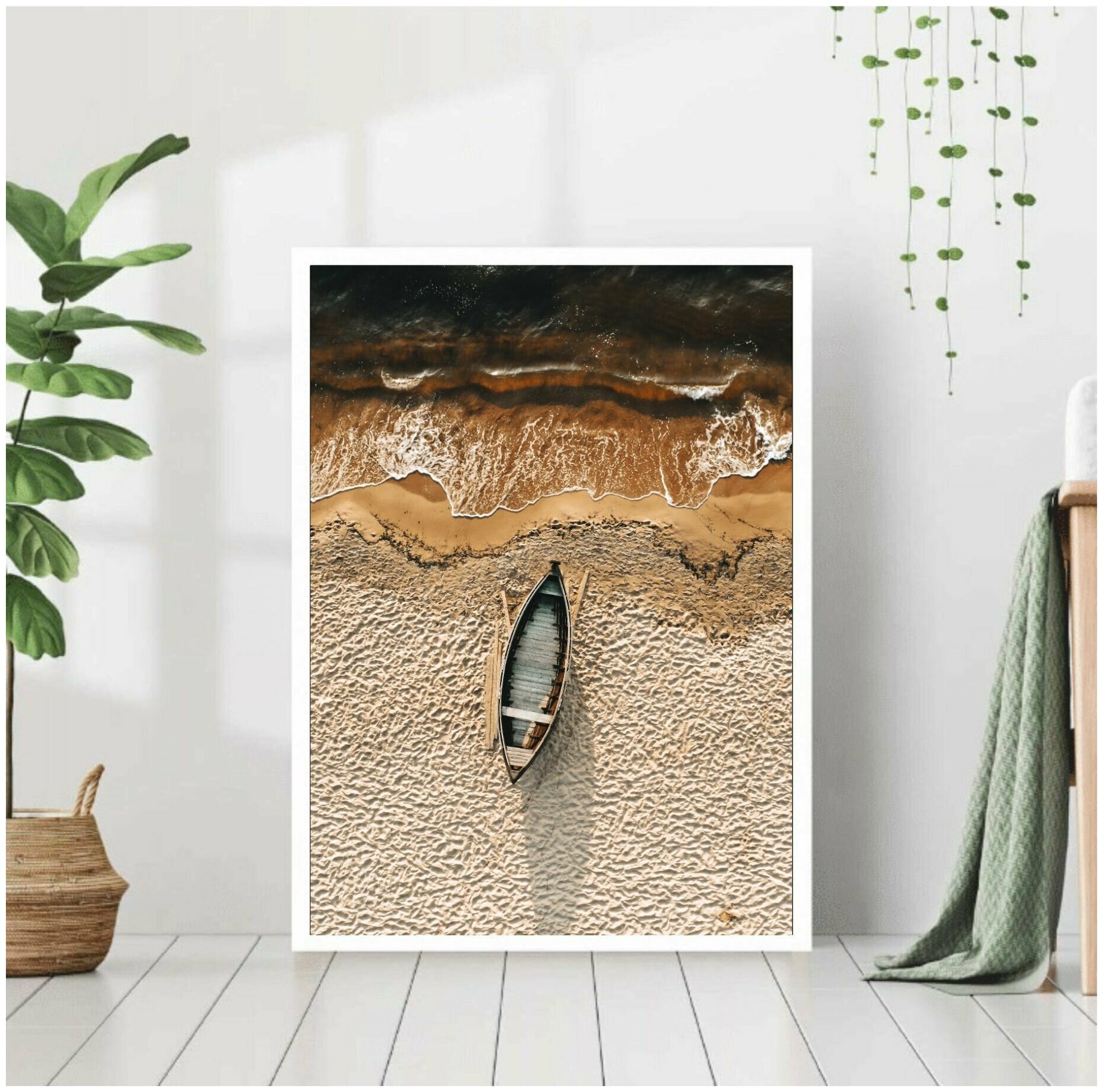 Постер "Лодка на берегу" 50x70 в белой рамке на стену для интерьера
