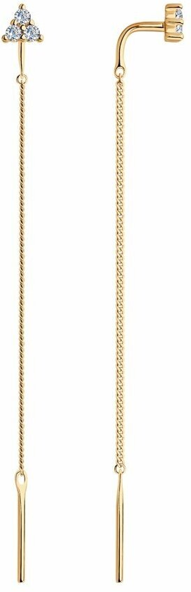 Серьги цепочки, серебро, 925 проба, золочение, фианит