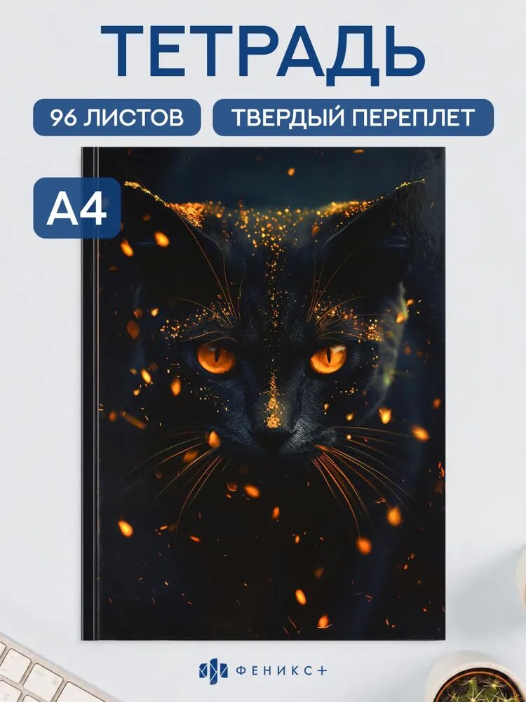 Тетрадь 96 листов в клетку А4 твердая обложка Феникс+, кот-маг