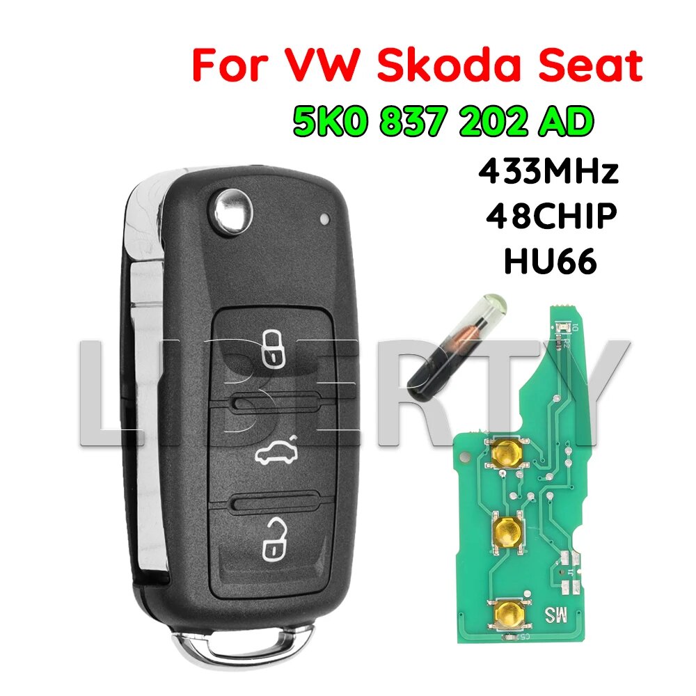 Пульт VW Skoda Seat 5K0 837 202 AD, 433MHz, 48Chip, HU66, 3 Button
