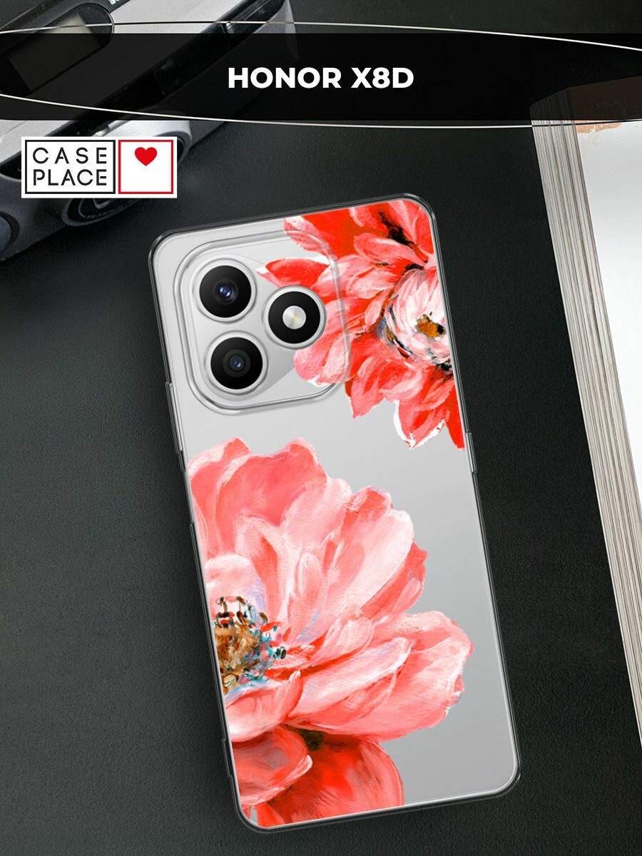 Чехол на Honor X8d / Хонор X8d с принтом Красные клематисы, прозрачный