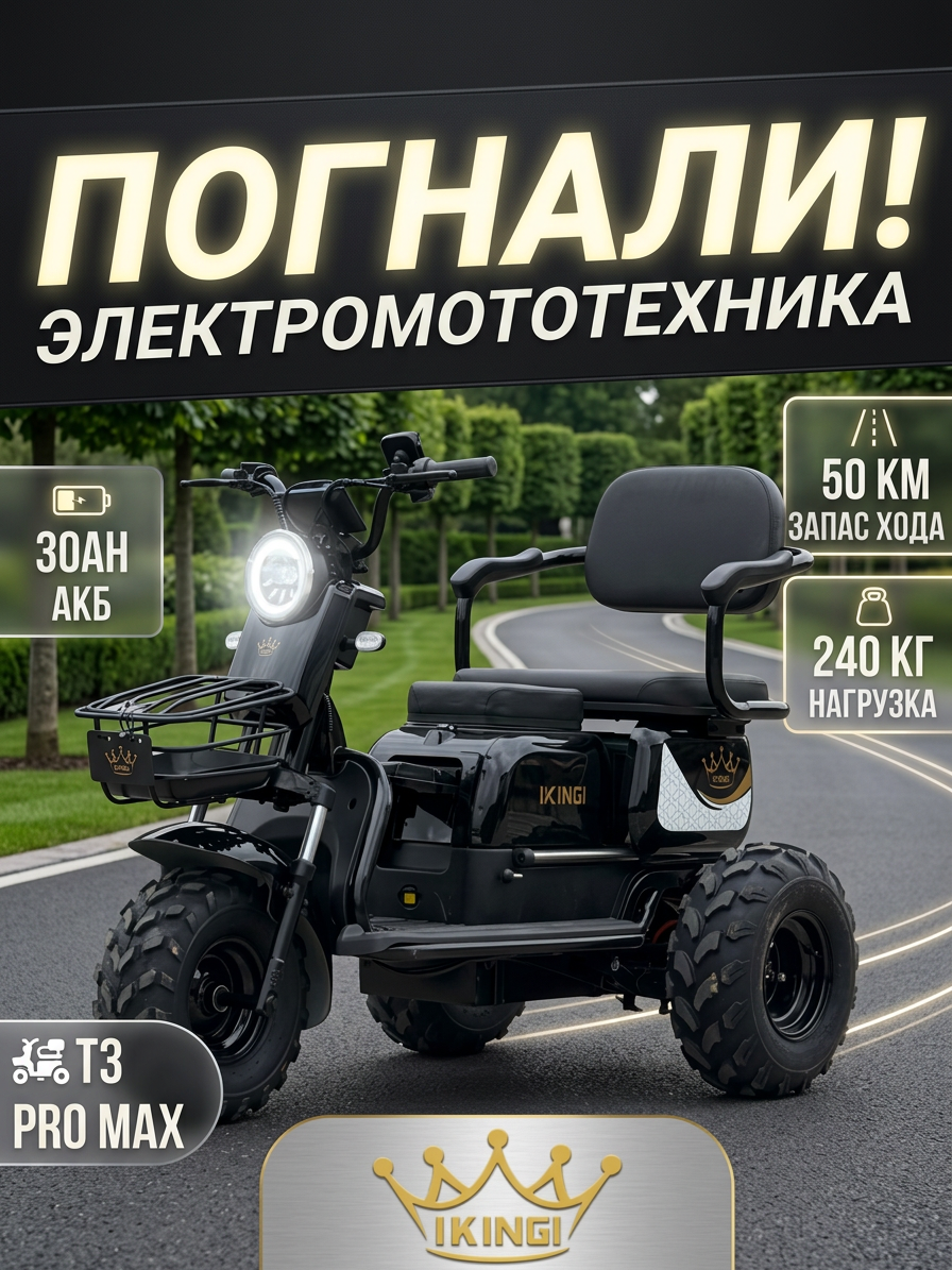 Грузовой трицикл IKINGI Sibtrike T3 PRO MAX, 60V/30Ah, 1000w, макс. нагрузка 240кг, 40км/ч, до 50 км пробега!