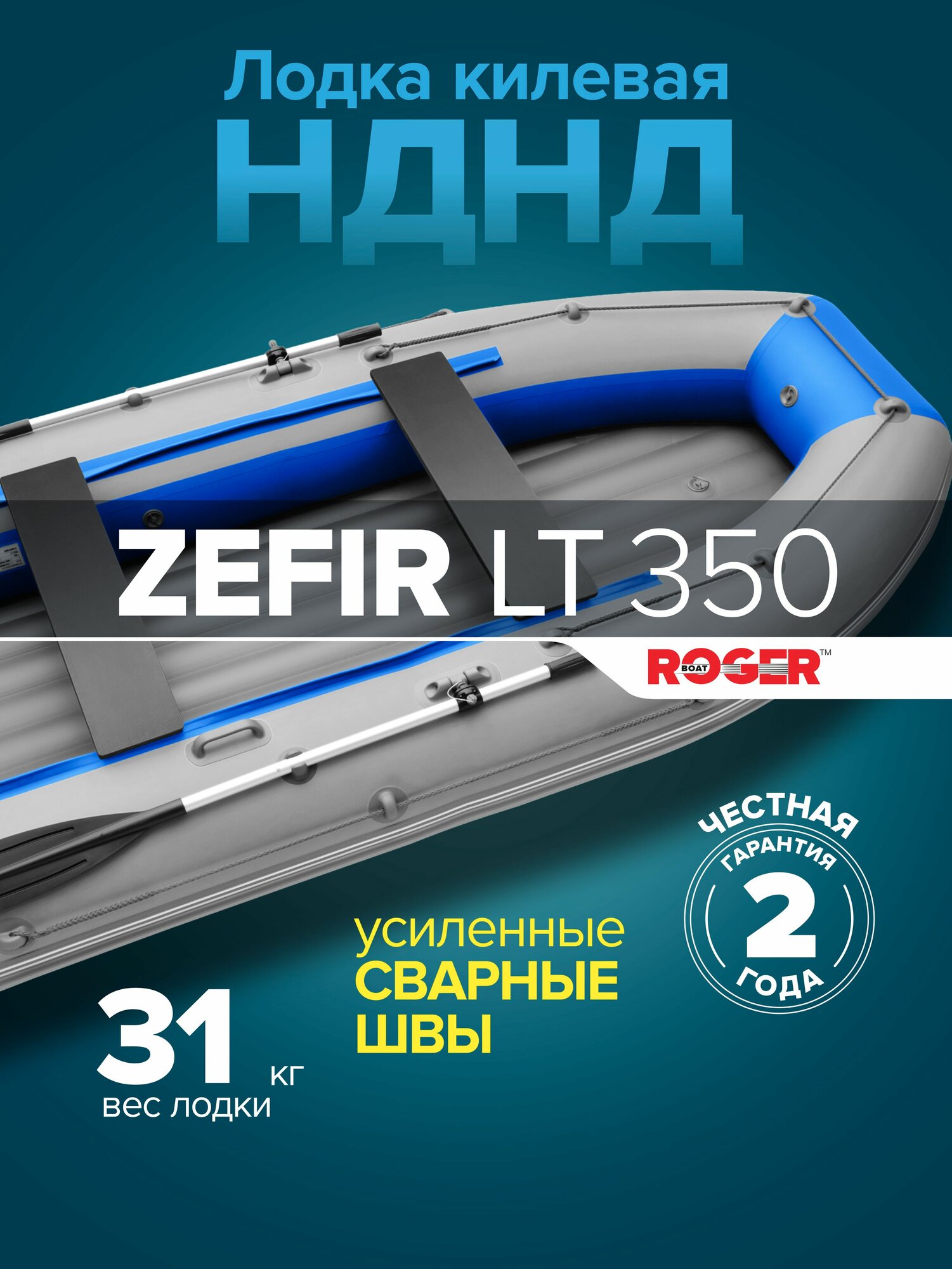 Лодка ПВХ под мотор ROGER Zefir 350 LT, лодка надувная для рыбалки роджер НДНД киль (серый-синий)