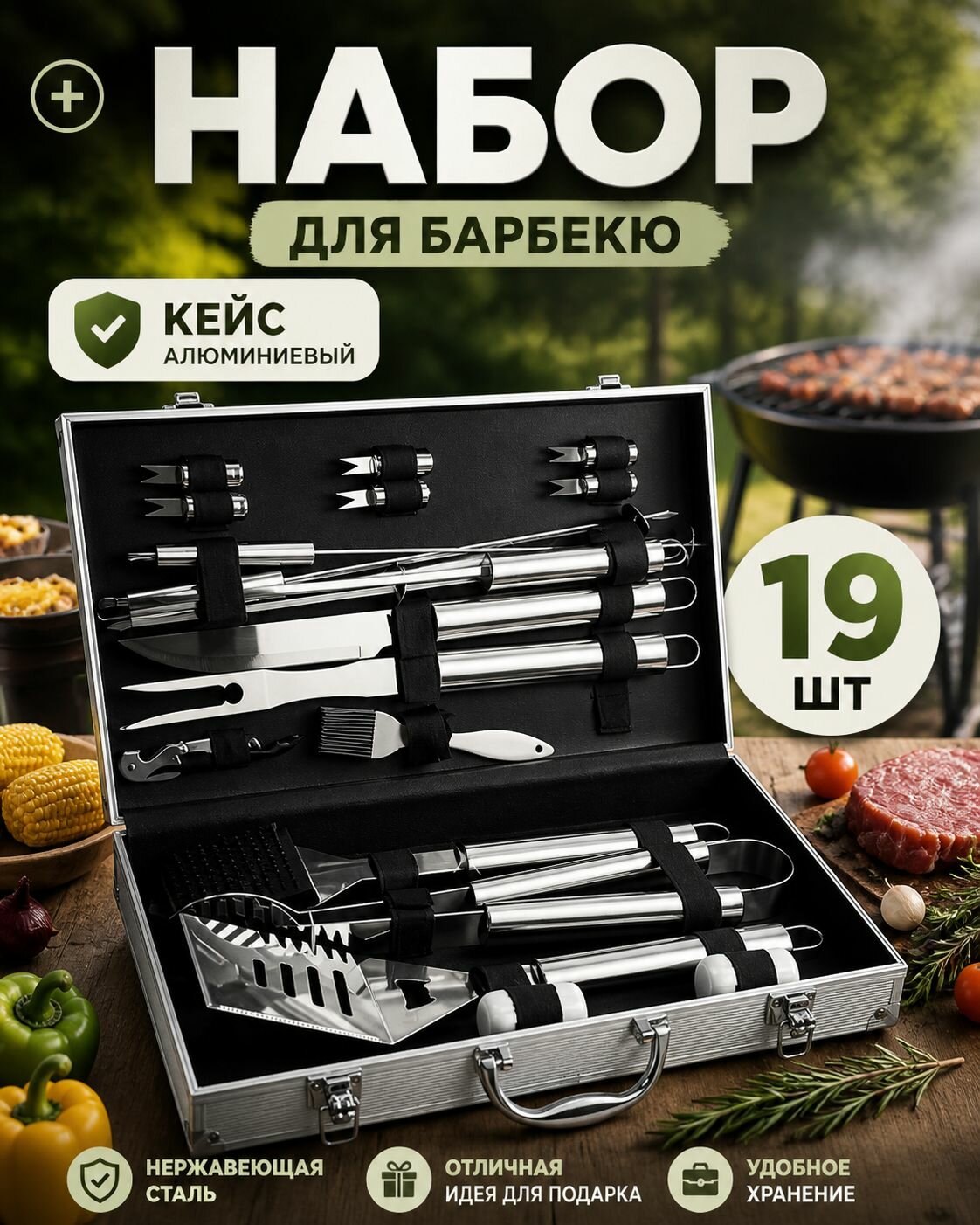 Набор для барбекю 19 предметов в кейсе подарочный комплект для гриля и шашлыка