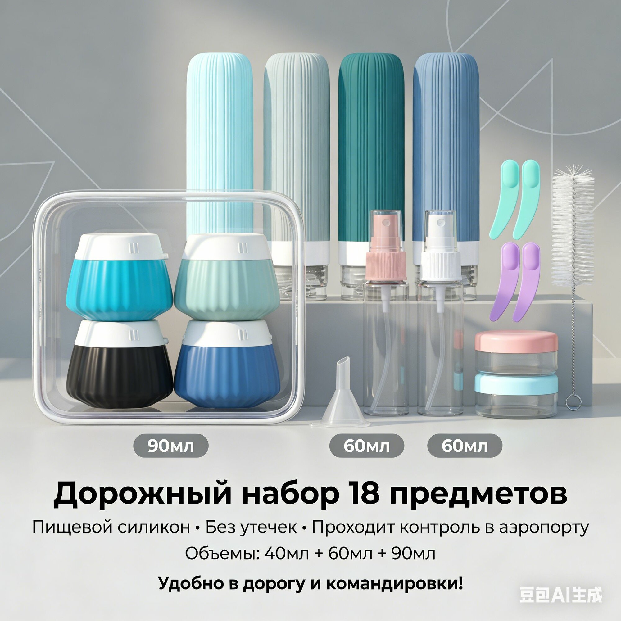 Набор силиконовых флаконов 18 предметов 40+90мл, синий