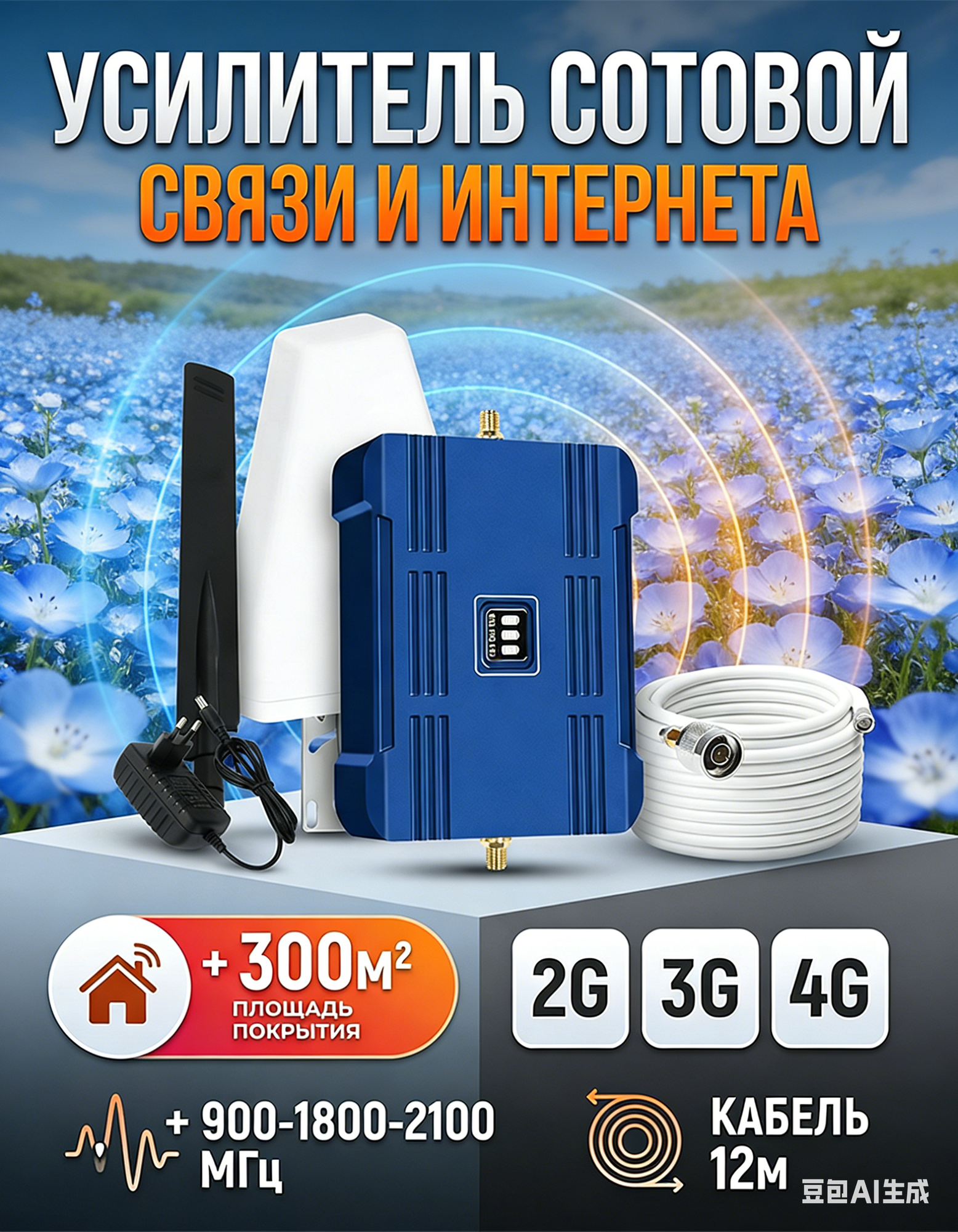Усилитель сотовой связи 900/1800/2100 МГц (2G/3G/4G): до 70 км, направленный, синий, 1.3 кг