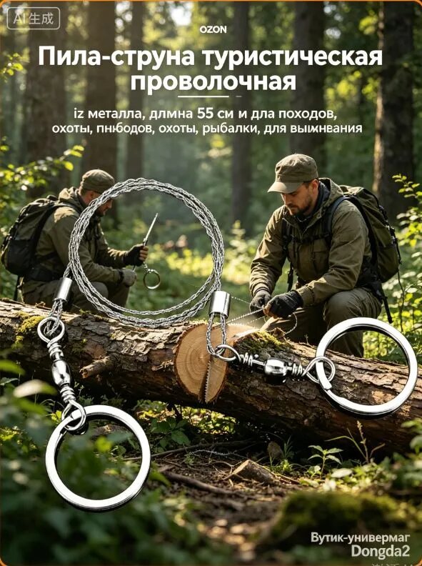 Пила-струна туристическая проволочная, из металла, длина 55 см для походов, охоты, рыбалки, для выживания