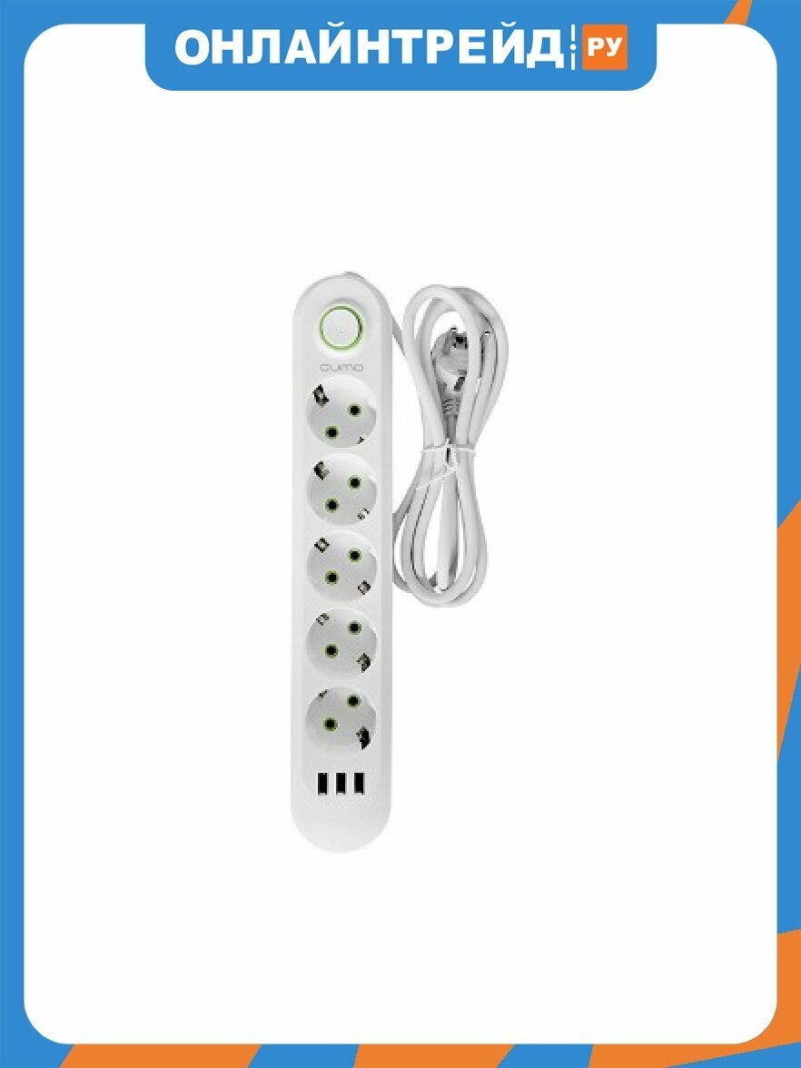 Сетевой фильтр Qumo Power Bar Light SPFS (P-0009)(5 розеток, 3*0,75мм, 3 USB, 3м) белый (P-0009 51554)