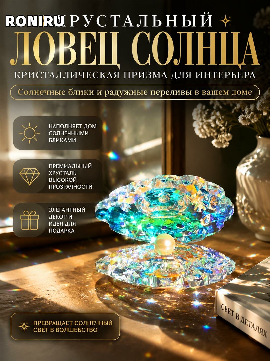 Хрустальный ловец солнца — кристаллическая призма для декора интерьера и преломления света, солнечные блики в доме