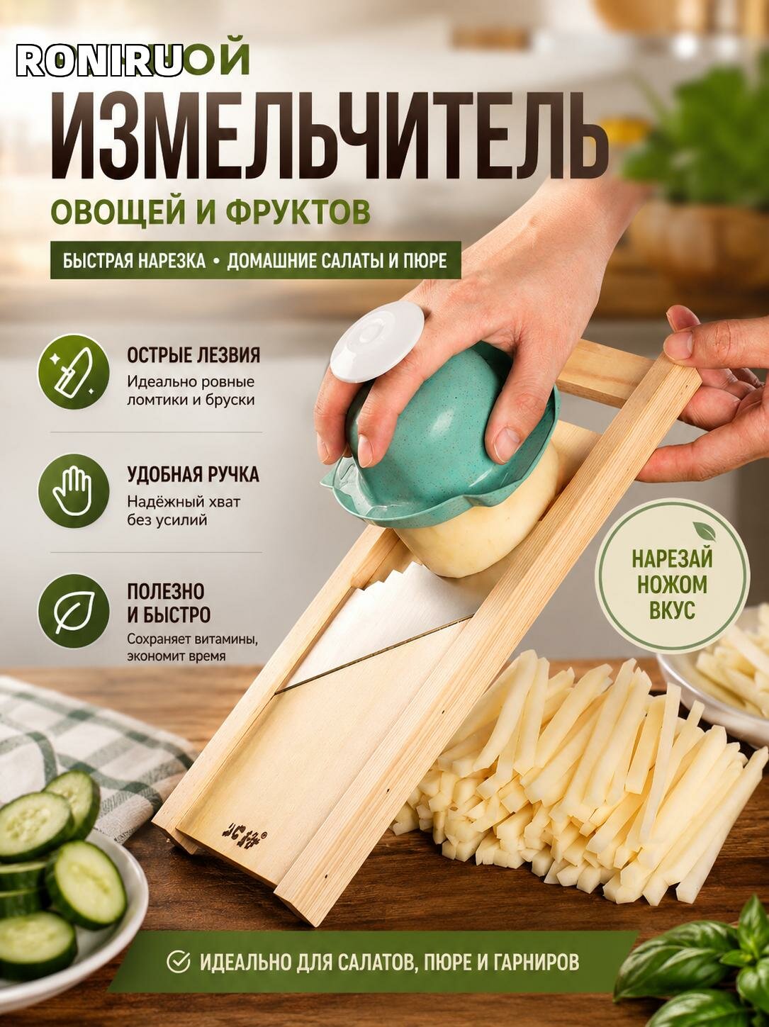 Ручной измельчитель овощей и фруктов с удобной ручкой и острыми лезвиями для быстрой нарезки салатов и пюре дома