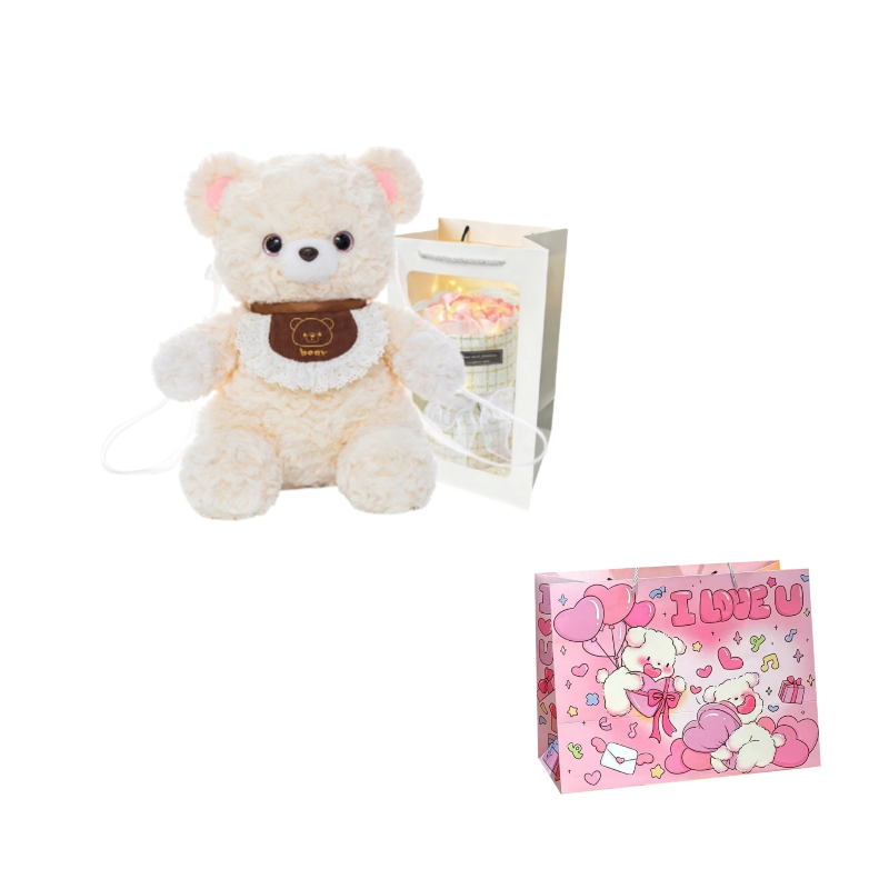 Плюшевые игрушки унисекс PUDOWRABBIT Медведь Куклы, 35CM EU, White Bear Backpack+Lychee Pink Bouquet