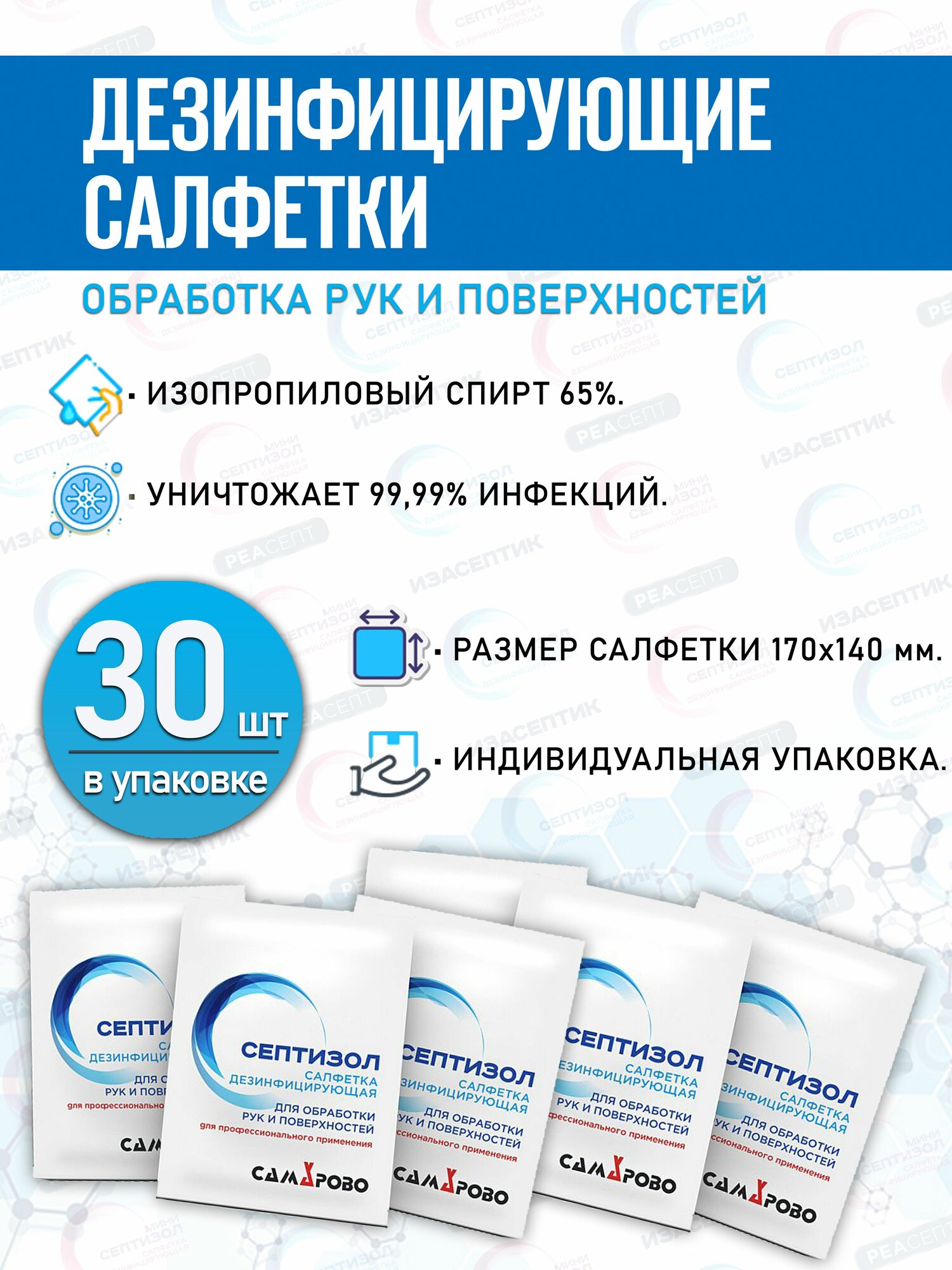 Дезинфицирующие салфетки Септизол, спиртовые, медицинские, 170 х 140 мм, 30 шт в уп