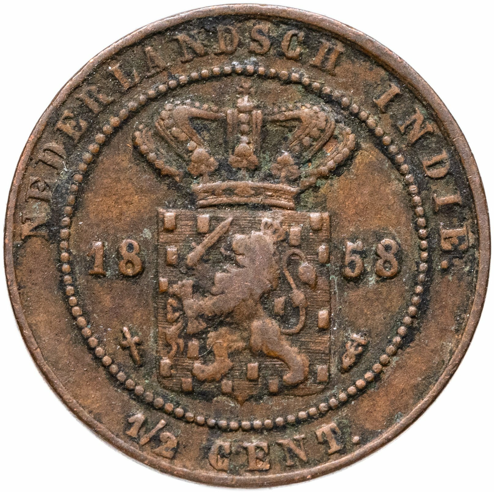 Голландская Ост-Индия 1/2 цента cent 1858, Медь, в сохранности VF