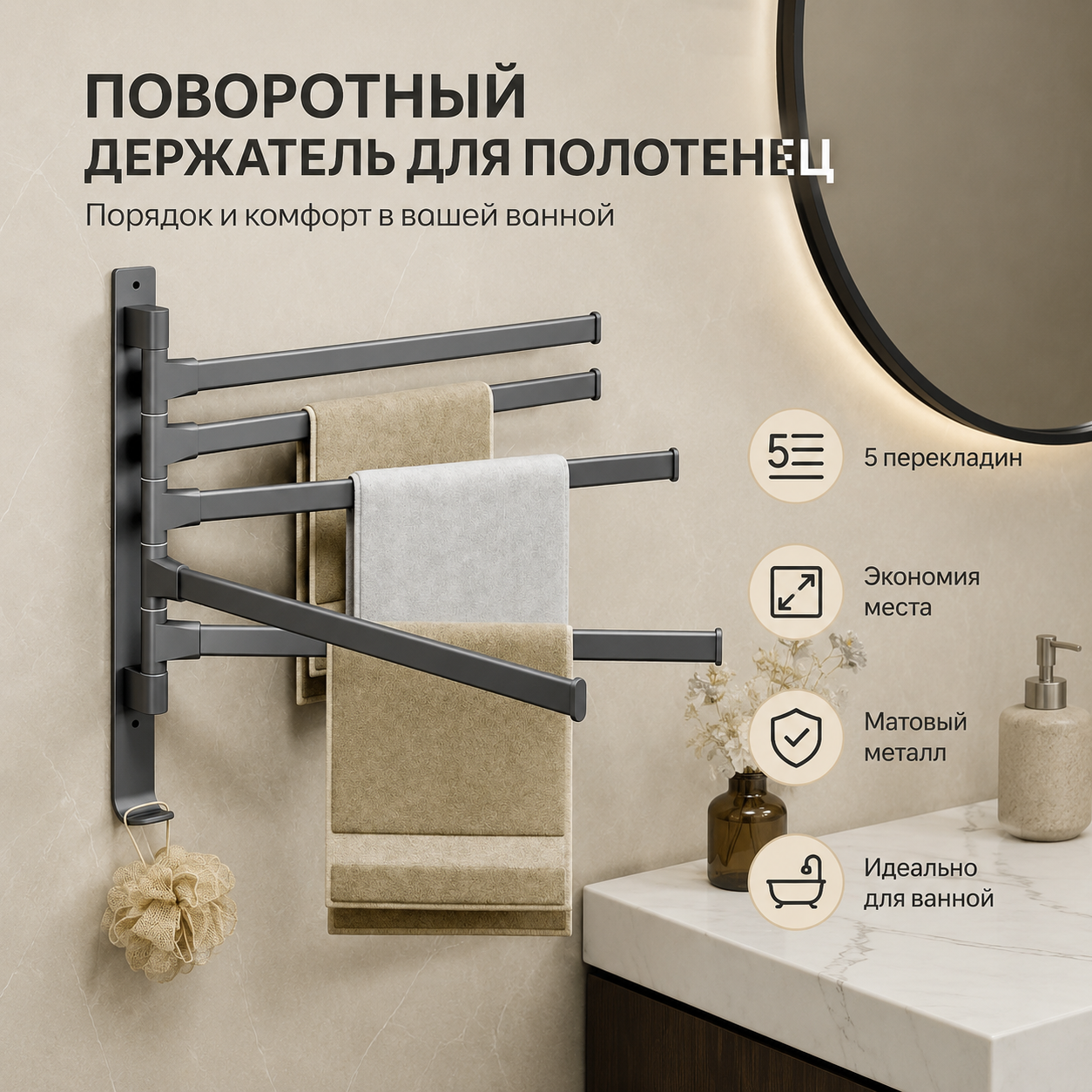 Держатель для полотенец в ванную 5 уровней / вешалка для полотенец поворотная серая