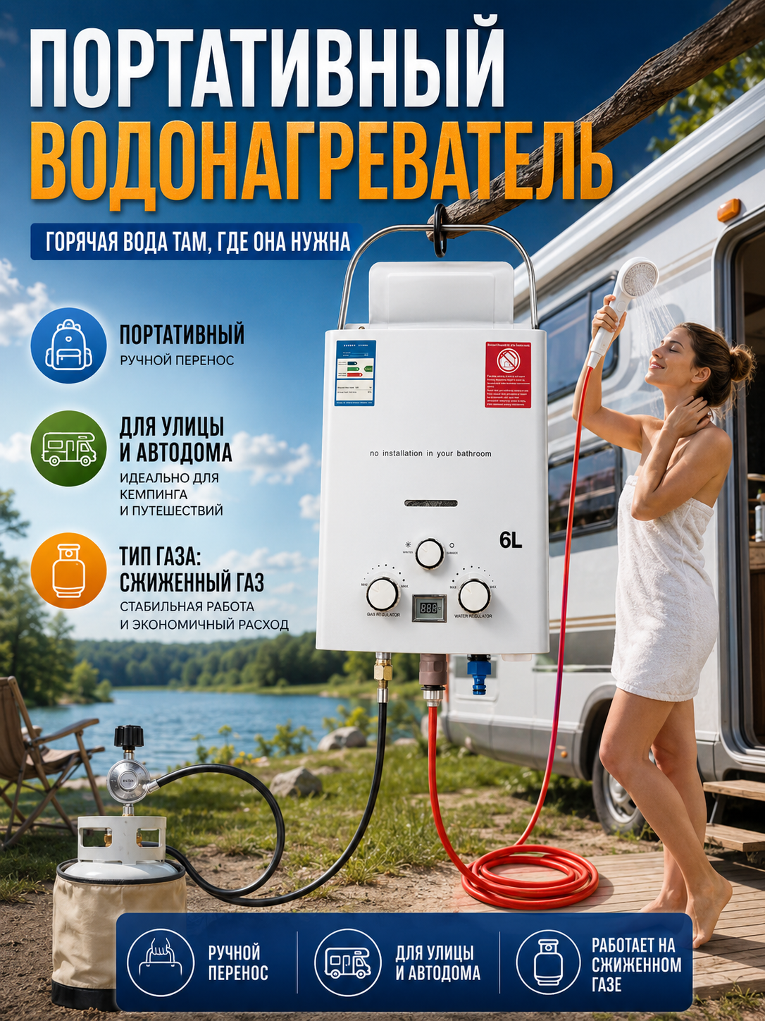 Портативный водонагреватель объемом 6 литров на сжиженном газе, переносной нагреватель воды для кемпинга, автодома, дачи и уличного душа на природе