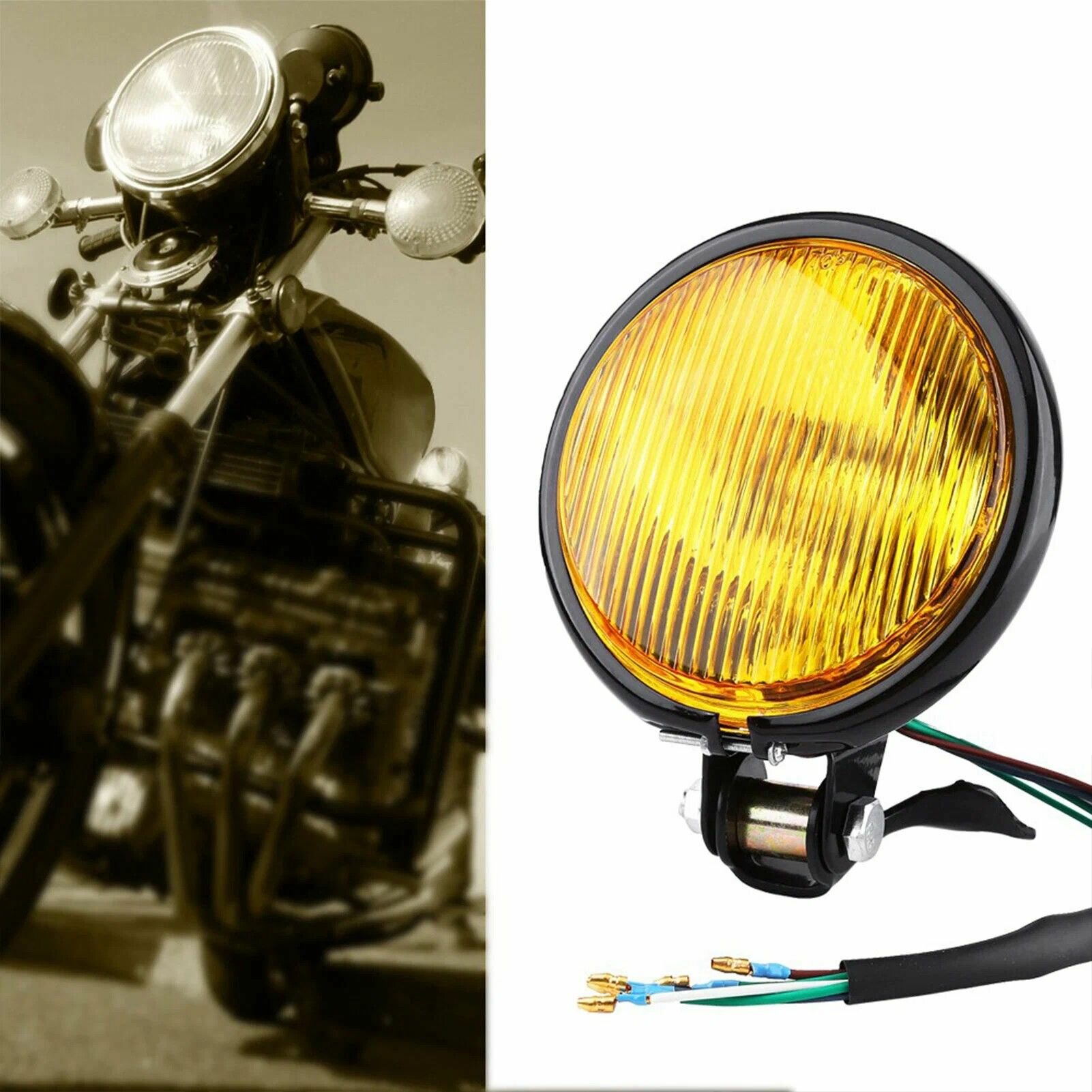 Фара для мотоциклов Yamaha Kawasaki Honda Suzuki Choppers металлическая 5 дюймов в стиле Ретро, 35W (желтое стекло))
