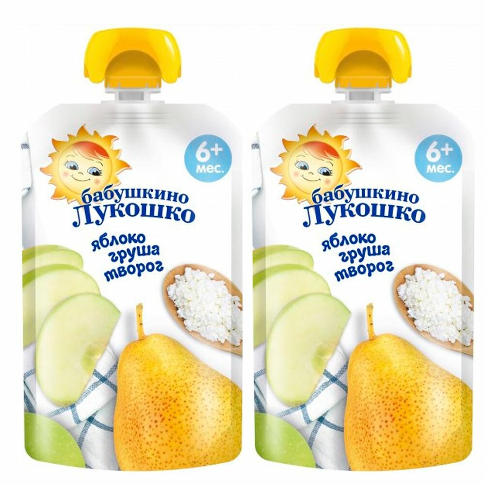 Пюре Бабушкино Лукошко яблоко, груша, творог, с 6 месяцев, 90 гр, 2 шт.