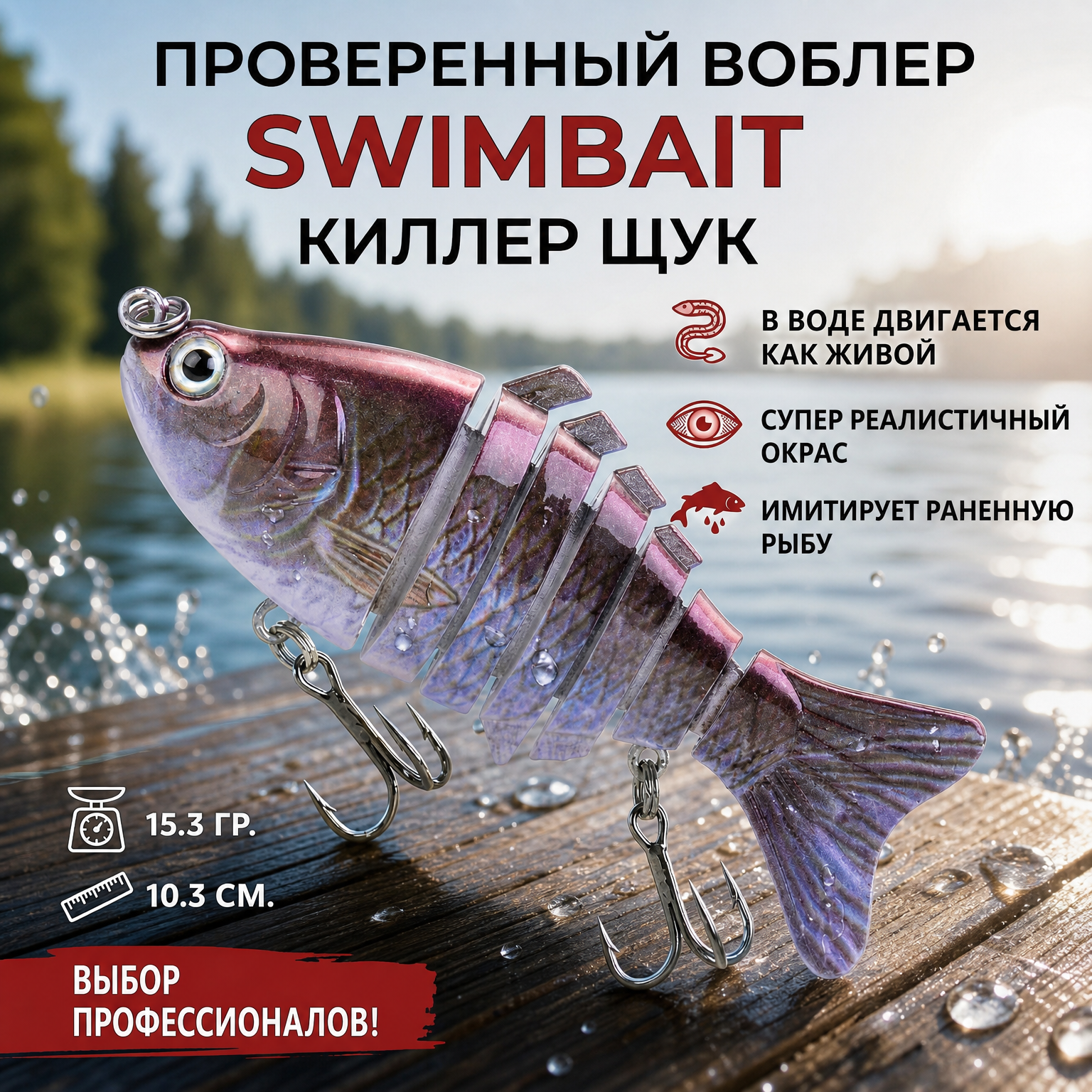 Рыболовный воблер SWIMBAIT свимбейт-киллер для ловли щук, окуней, судаков и хищной рыбы, тонущий с реалистичным окрасом, имитирующий раненую рыбу, 15,3 гр. 10.3 см (Цвет товара: фиолетовый)