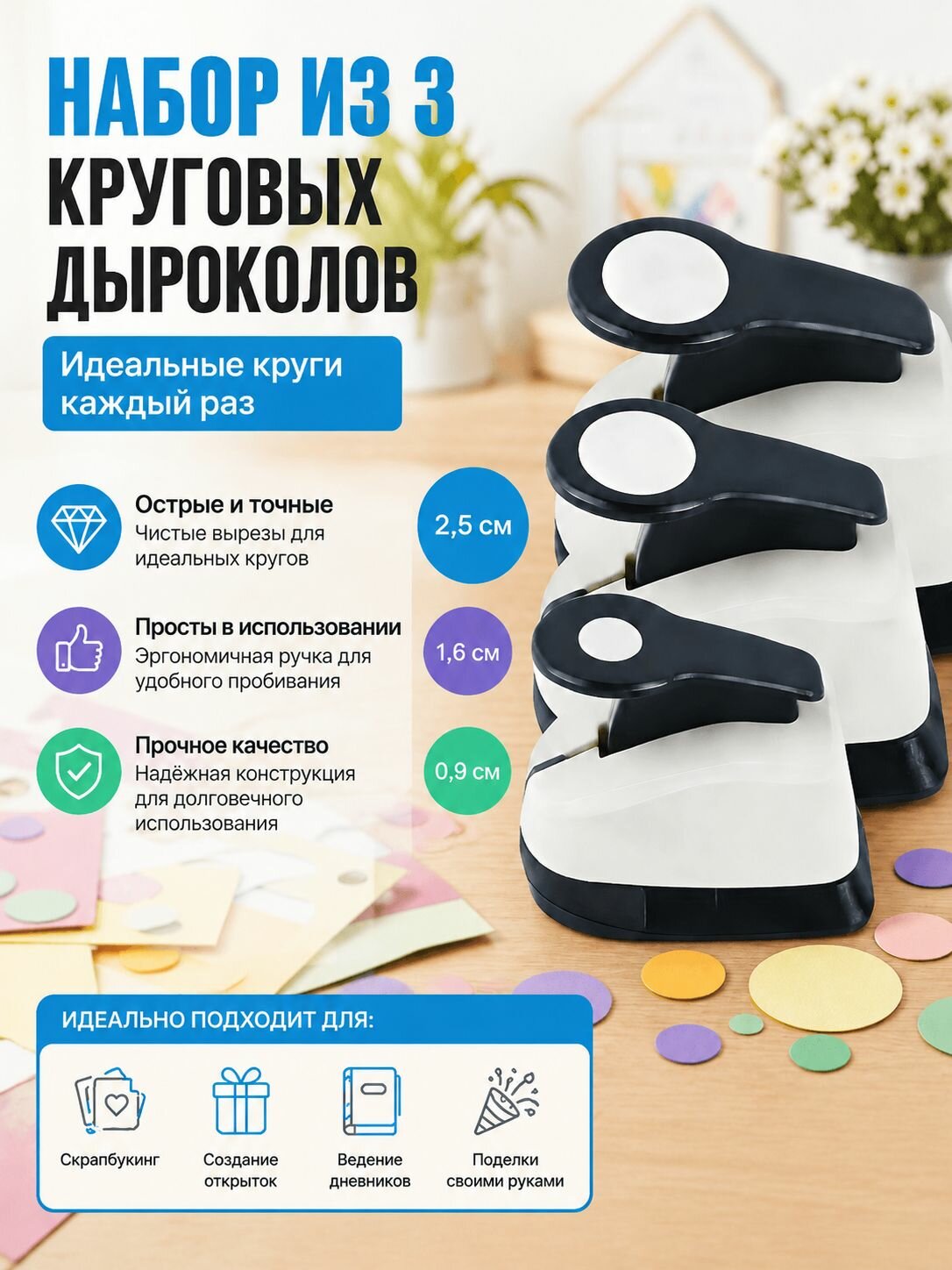Дырокол 3 шт, до 5 листов офисный для бумаги