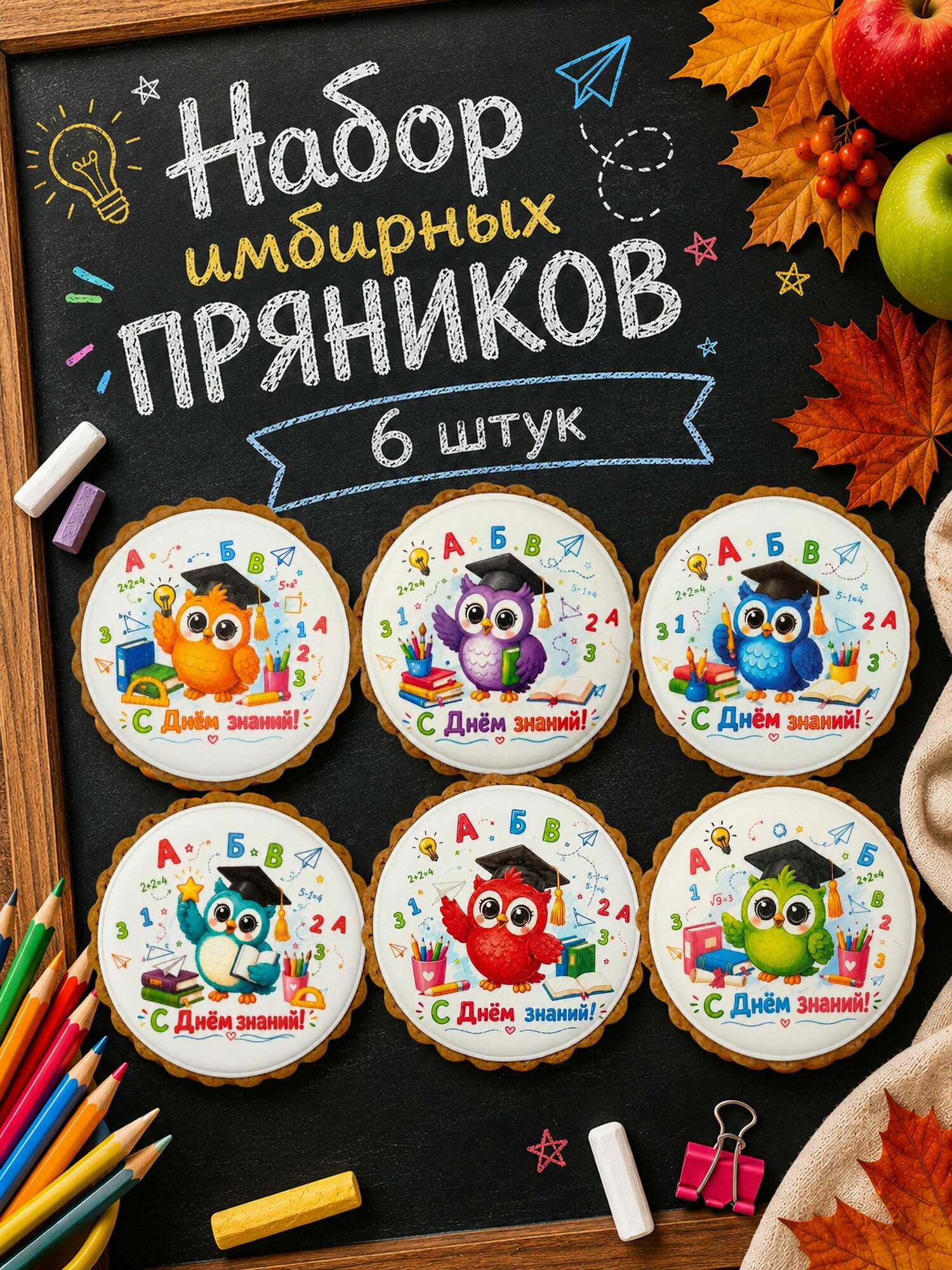 Пряники имбирные детям в школу к 1 сентября "Совы", 6шт в индивидуальной упаковке