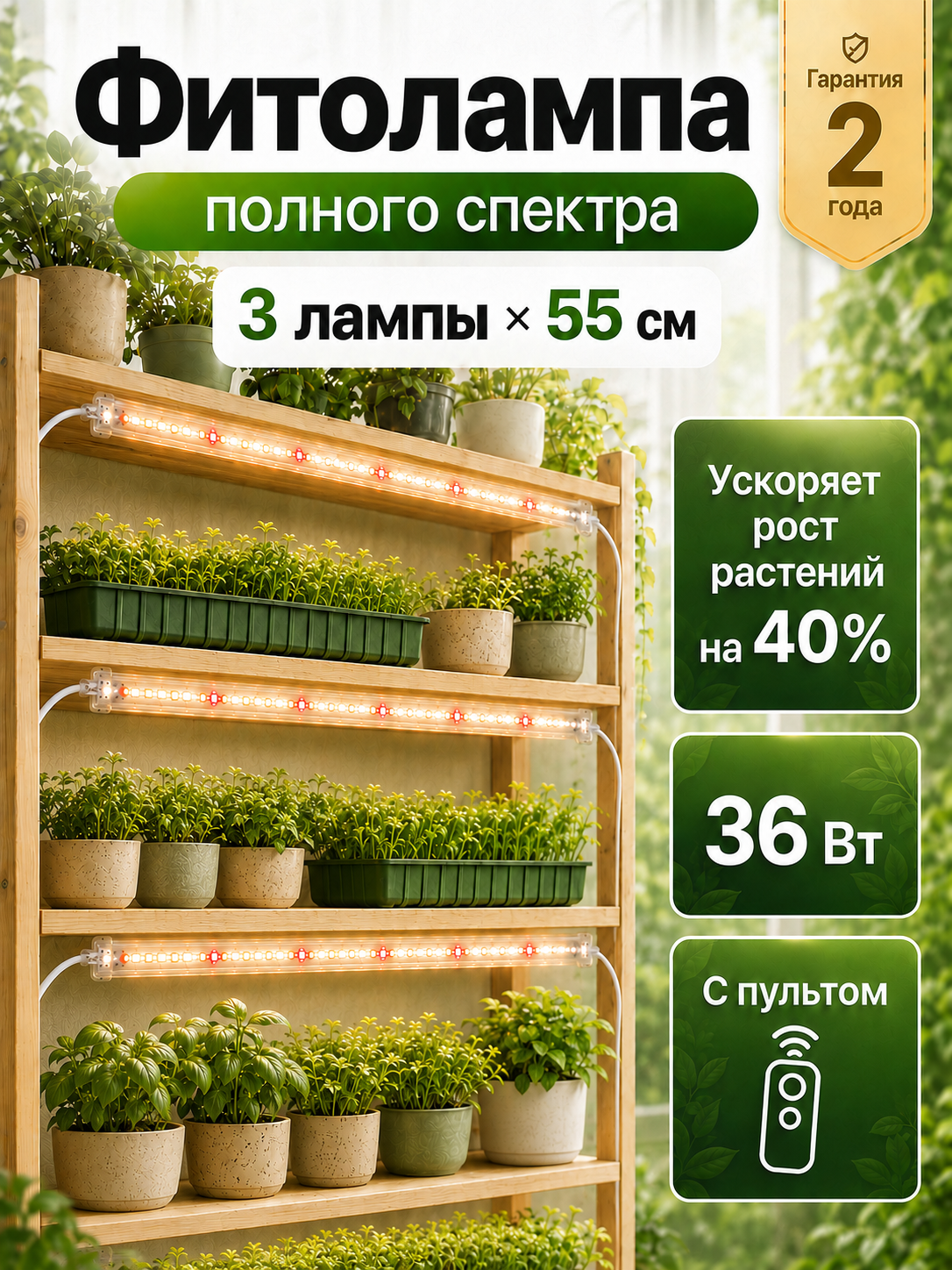 Фитолампа для растений и рассады полного спектра, 3шт. 36Вт