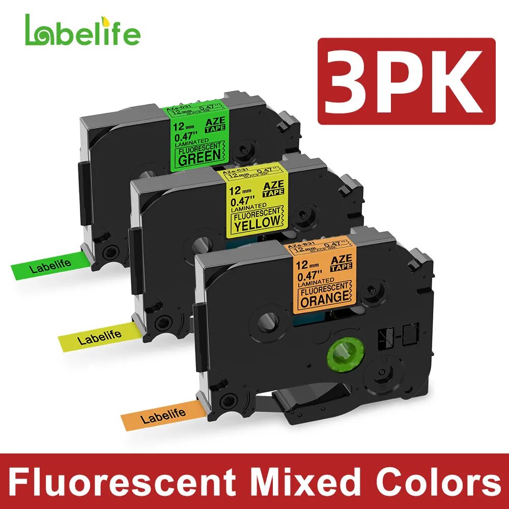 Labelife лента TZe231 для принтера P-Touch 12 мм, 5 шт. 3PK Flu Mixed, 24 мм