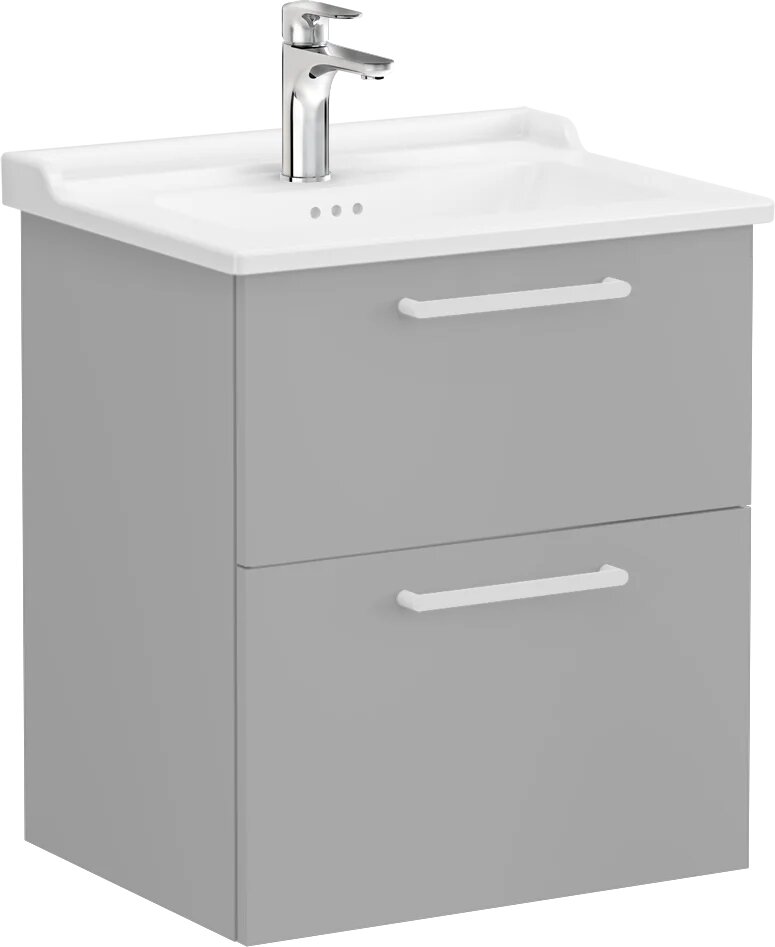 Тумба с раковиной VitrA Root Flat 60 подвесная, 60,5 см, серая, матовая, из МДФ, с ящиками, раковина для ванной, фарфоровая, прямоугольная, встроенный сл