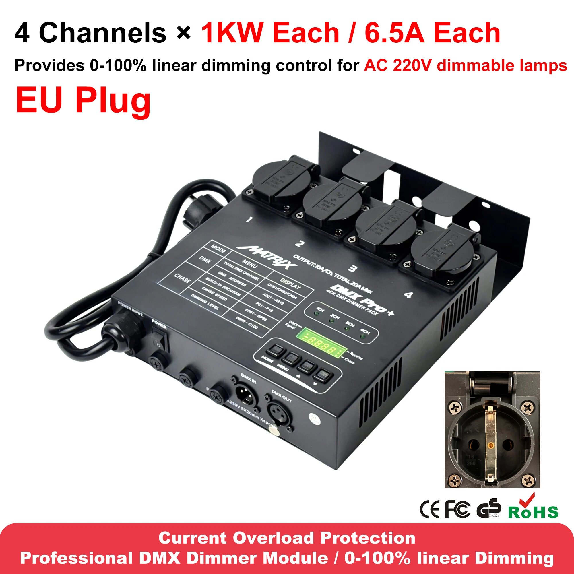AIMINTE DMX 4-канальный диммер 220В Черный, EU Plug, For Halogen Lights
