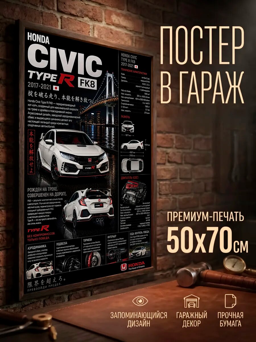 Постер на стену большой 50*70 без рамки Хонда Цивик тип FK8