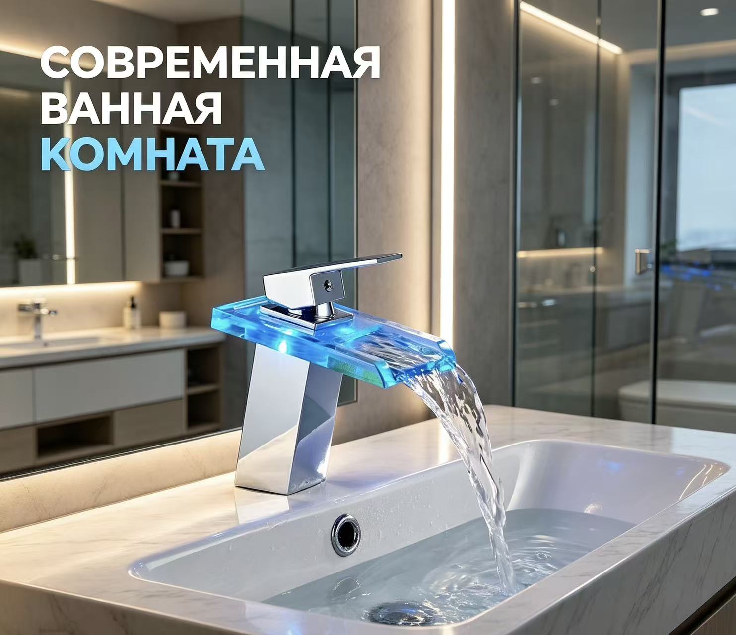 Смеситель для раковины в ванную комнату с LED подсветкой от потока воды, Хромированный корпус квадратной формы — фото 1