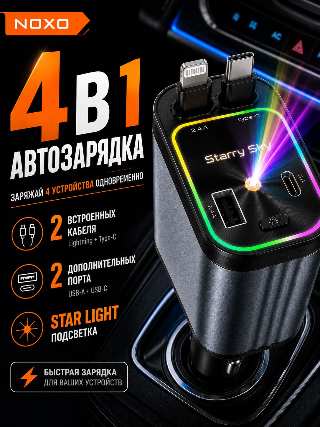 Автомобильная быстрая зарядка для телефона в прикуриватель авто / адаптер для быстрой зарядки телефона в машину 2 USB / разветвитель прикуривателя