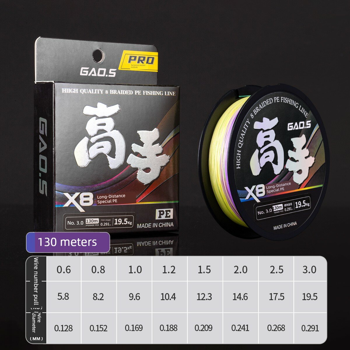 Многоцветная ПЭ леска 3.0мм для дальнего заброса PRO 130м прочная леска для рыбалки