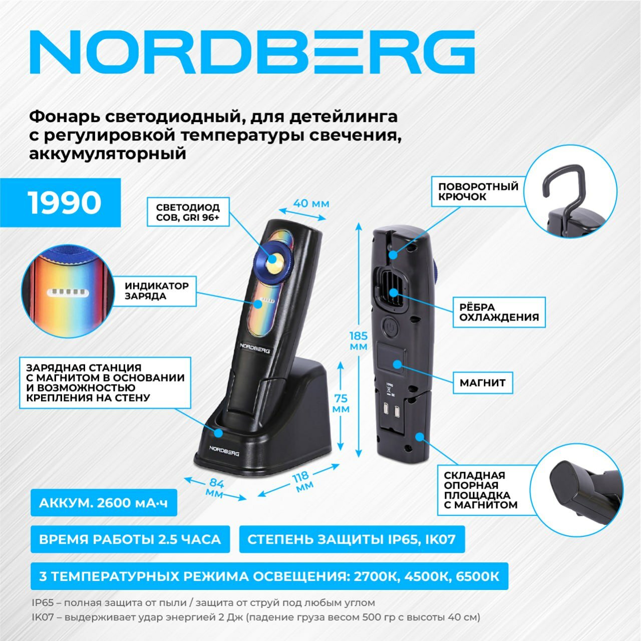 NORDBERG 1990 Фонарь светодиодный для детейлинга, с регулировкой температуры свечения, аккумуляторный