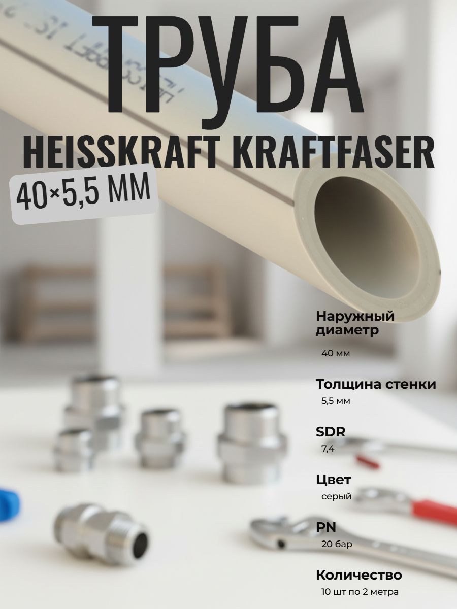 Труба 40х5,5 мм Heisskraft KraftFaser PP-R серый, PN 20, SDR 7.4, стекловолокно
