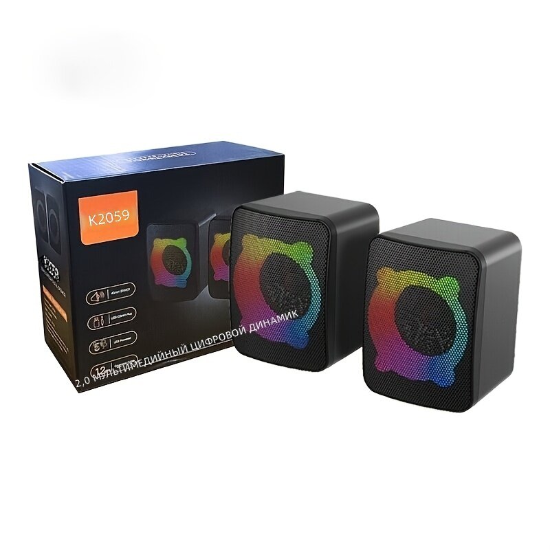 Настольные компьютерные колонки с RGB подсветкой, проводные, с питанием от USB и разъемом 3.5 мм, регулятором громкости, стереозвук для ПК, ноутбуков и телевизоров, черные