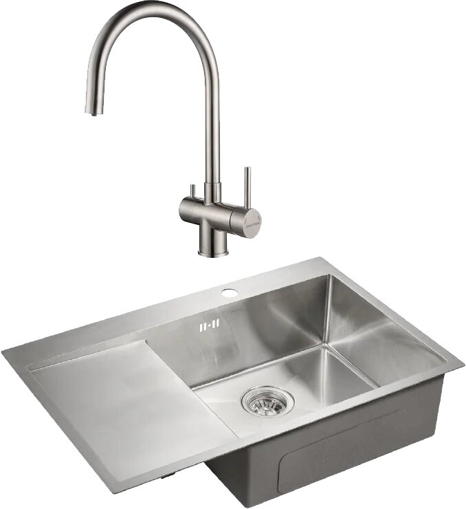 Комплект Мойка Paulmark Kroner PM217851-BSR 78x51, брашированная нержавеющая сталь, нержавеющая сталь / Смеситель Heller He213218-BS брашированная сталь, брашированная сталь