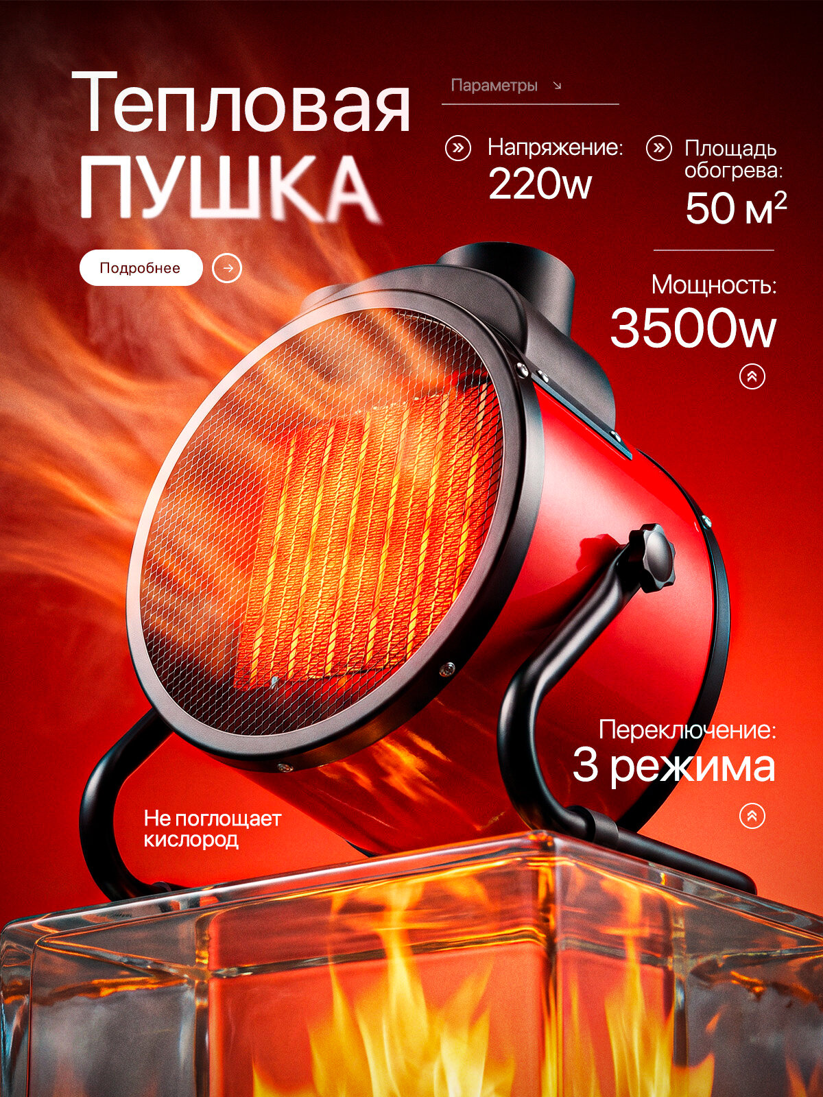 Тепловая пушка электрическая 3500 Вт, керамический тепловентилятор 220 В для гаража, дачи и мастерской до 50 м