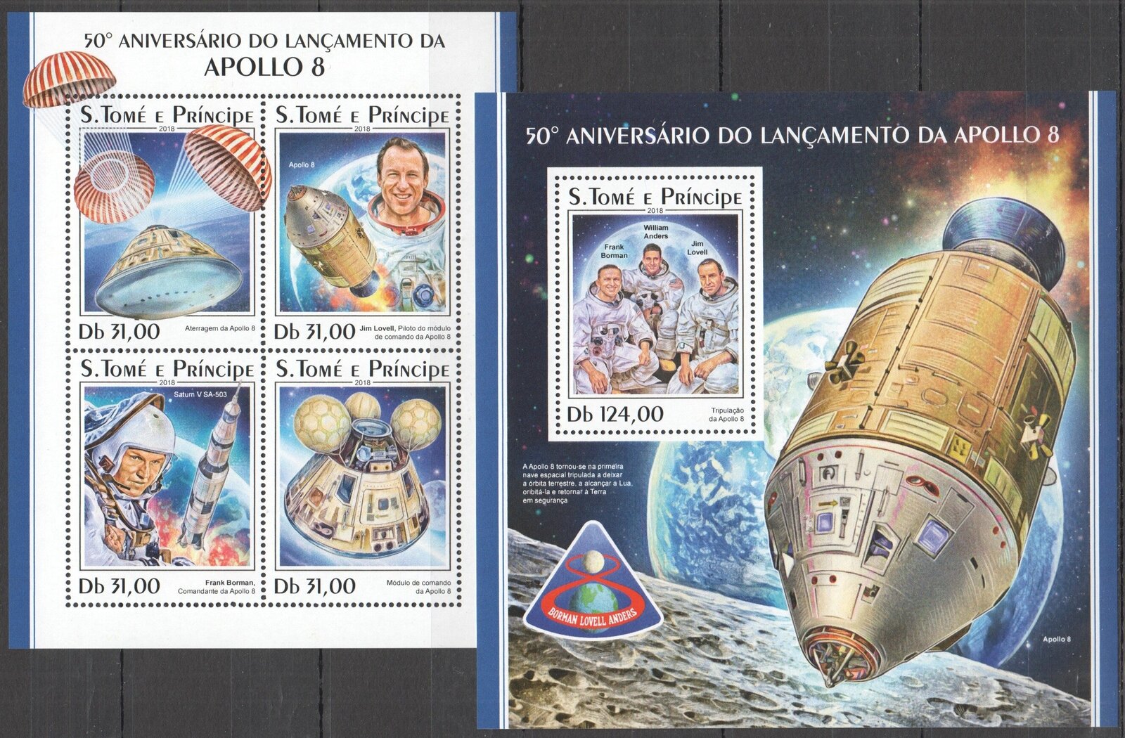 Марки 2018 год Сан-Томе и Принсипи Аполлон-8 Космос #7783-6+Бл1405 MNH