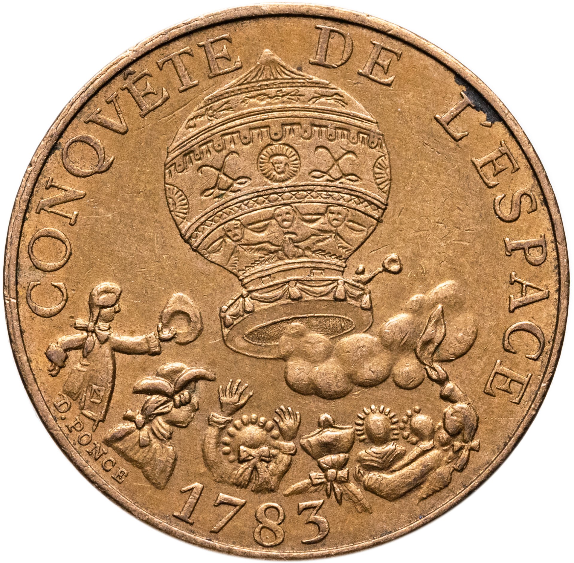 Франция 10 франков francs 1983 "200 лет первому полету на шаре братьев Монгольфье", Латунь, в сохранности XF