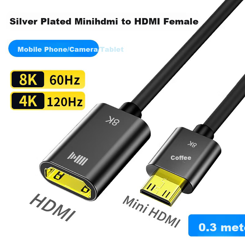 Kaiboer Премиум серебряное покрытие мини HDMI в HDMI кабель 2.1 версия 8K60Гц 4K120Гц 0.3 м для ТВ монитора проектора