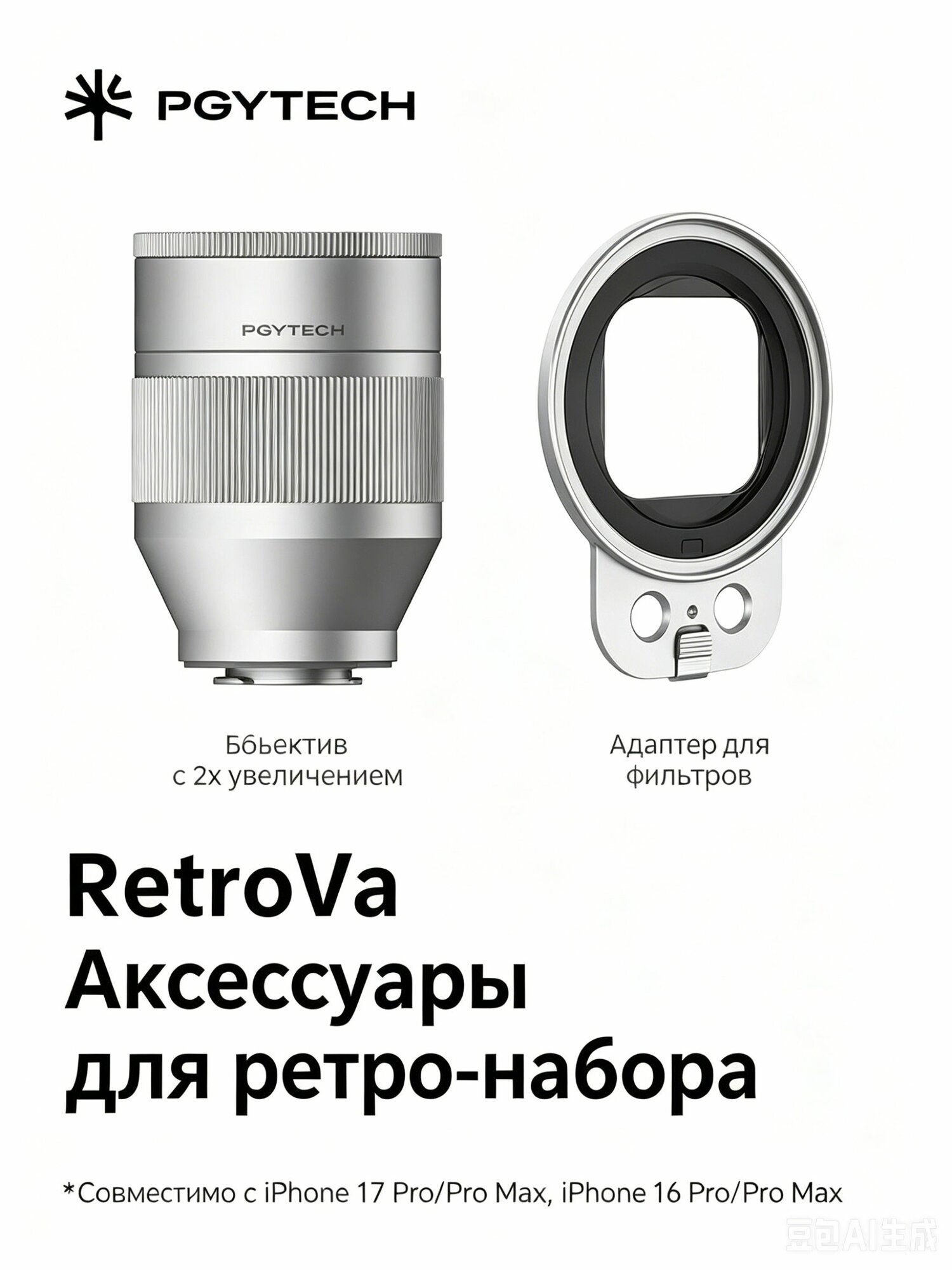 Двухкратный зум объектив RetroVa PGYTECH для iPhone 17 Pro Max с крепежом и чехлом