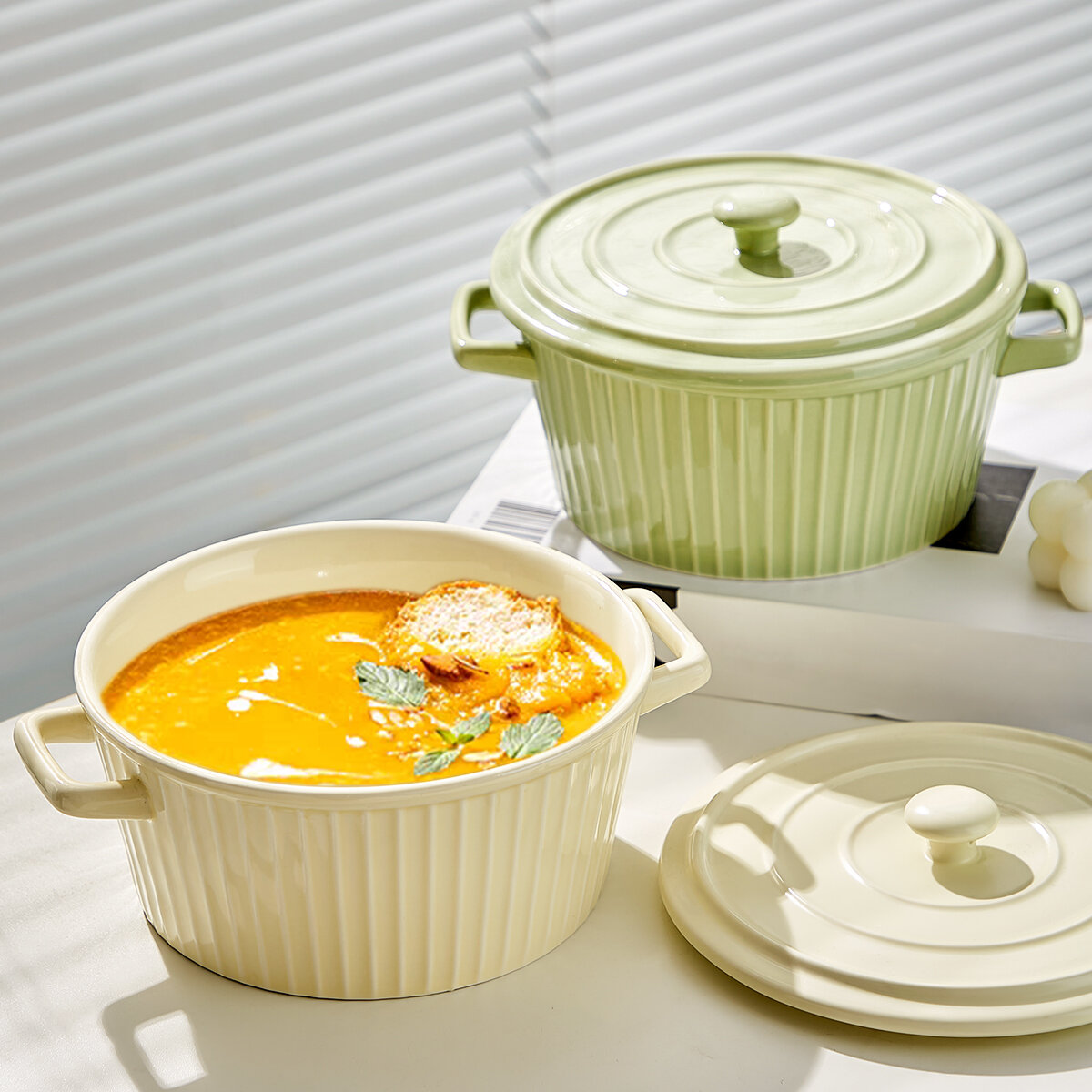 Кремовая суповая миска с двумя ручками, большая керамическая миска в бытовом стиле с крышкой, большая супница, миска
