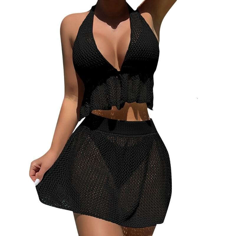 Летний комплект для пляжа: топ и юбка, Черный