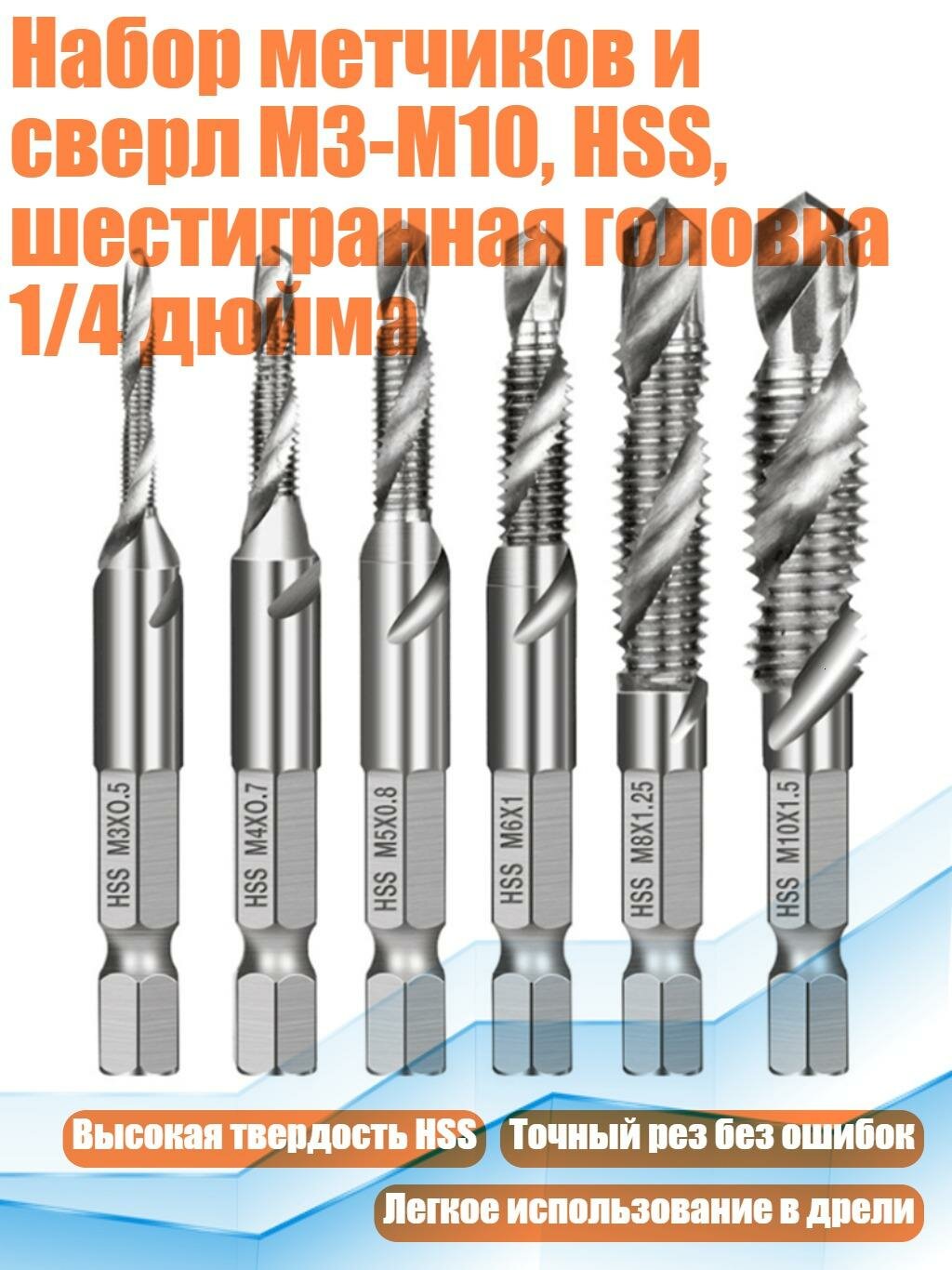 Набор метчиков и сверл M3-M10, HSS, шестигранная головка 1/4 дюйма