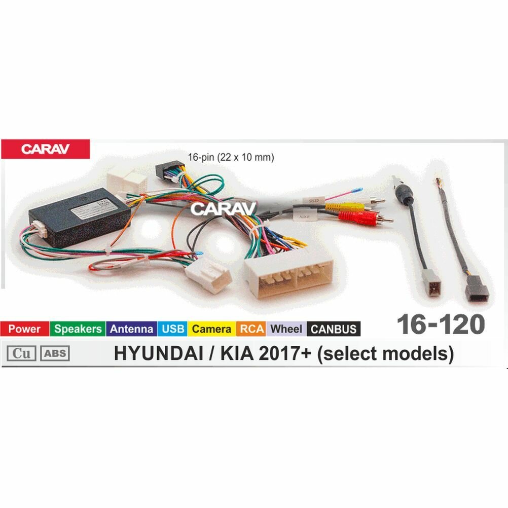 Комплект проводов для Android магнитолы на Hyundai 2017+, Kia 2017+ (Питание + Динамики + Антенна + Камера + USB + RCA + CANBUS) CARAV 16-120