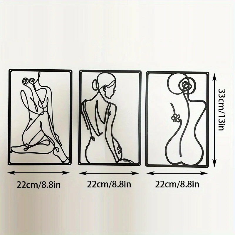 Декор для стен металлический линейный арт — тройной набор женских силуэтов: настенные панели для гостиной/спальни, минималистичный стиль